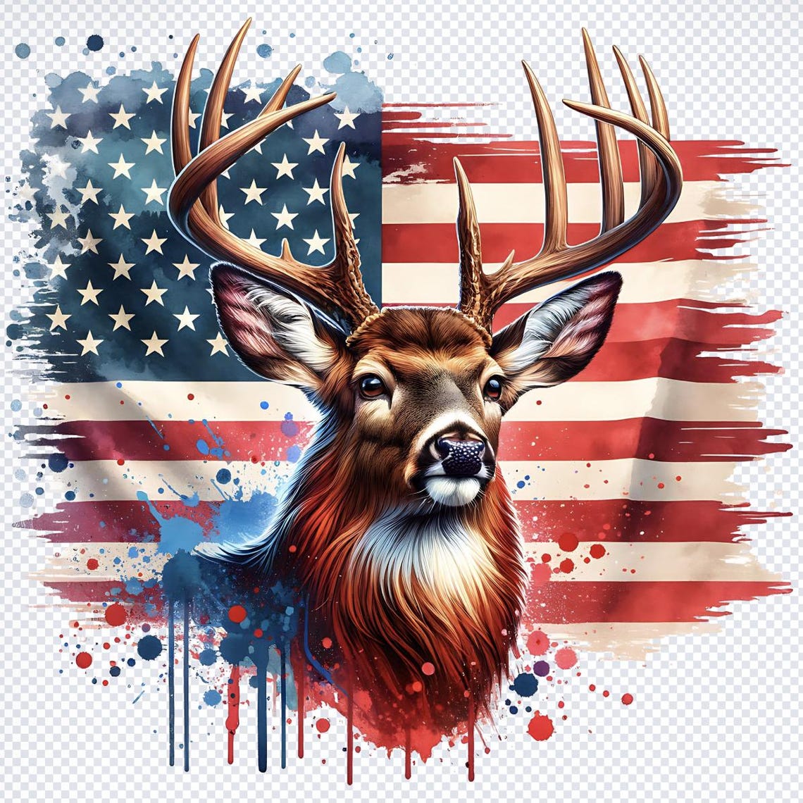 2 PNG Set American Flag With Buck Deer Head, Whitetail Graphic Design ...