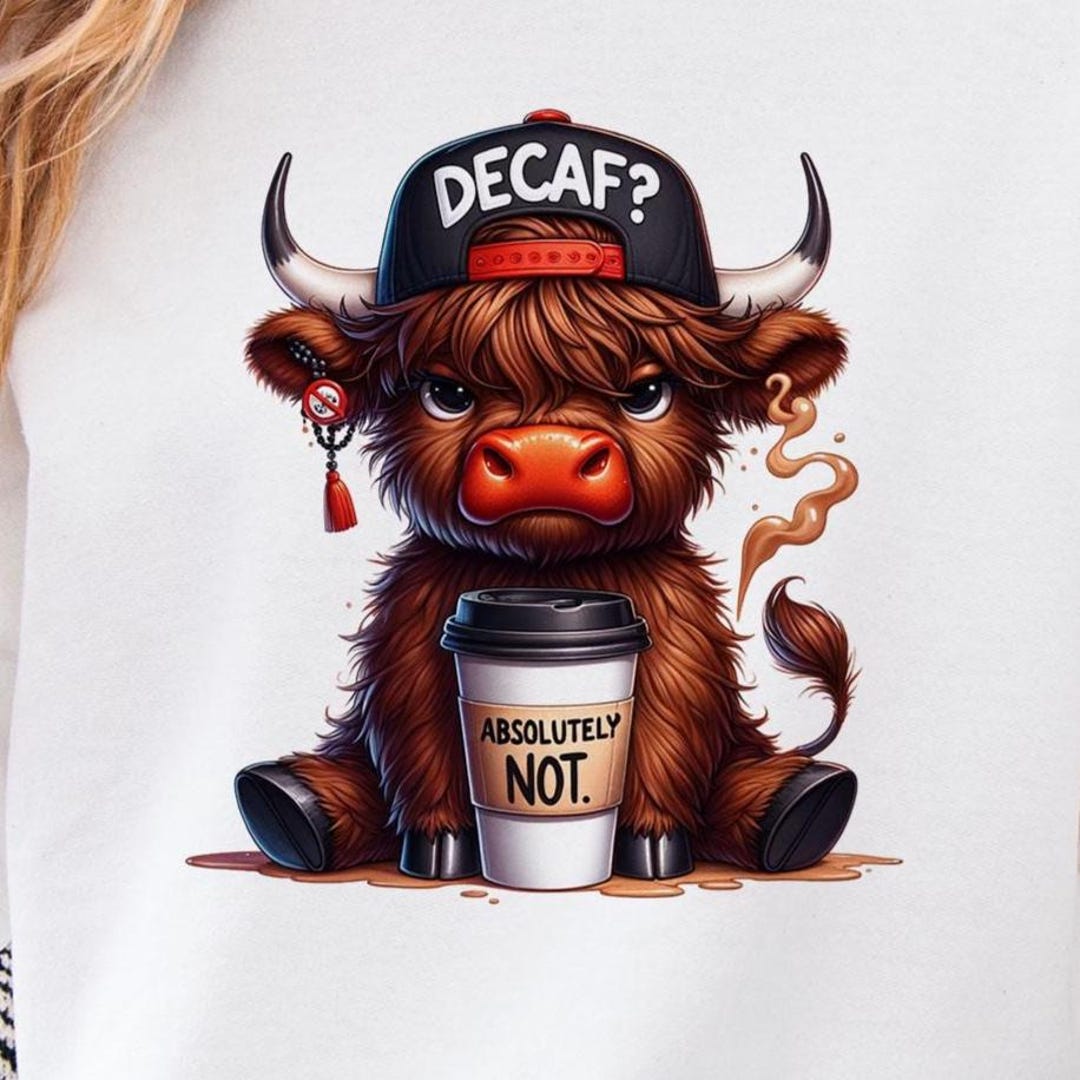 No Decaf Grumpy Highland Cow Png, Cranky Coffee Lover Png, Fluffy Cow ...
