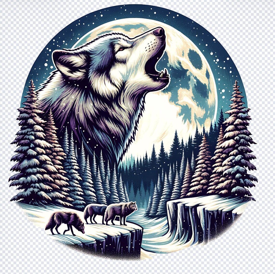 Retro Y2K Wolf Wilderness Scene PNG, Nineties Vintage Three Moon Wolf ...