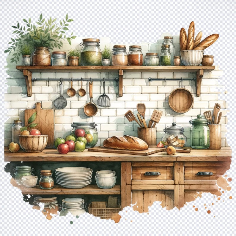 PNG Vintage Rustic Farmhouse Kitchen, Kitchen Plant Shelves Pantries ...