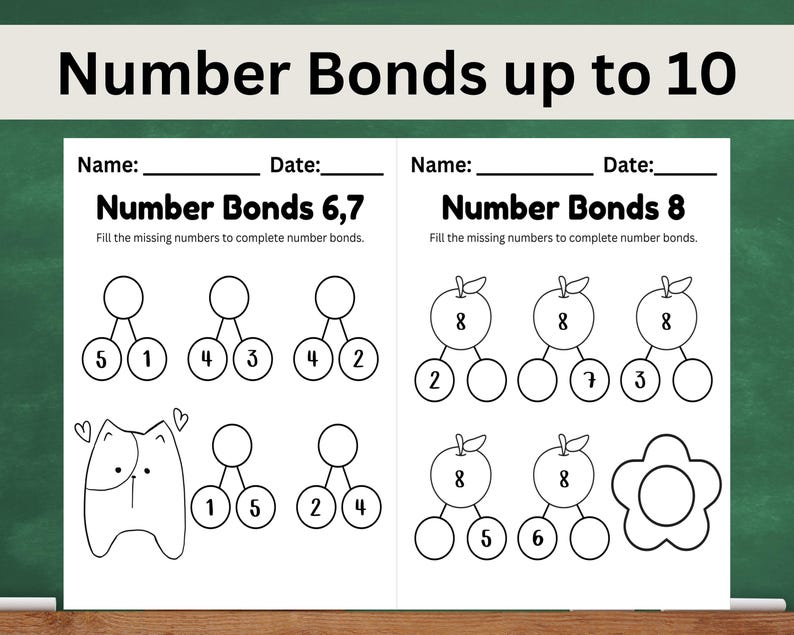 Printable Number Bonds to 10 Worksheets, Kindergarten to 2nd Grade Math ...