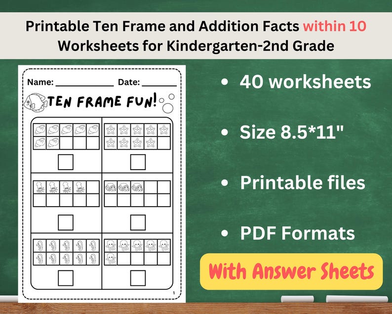Marine Animals-themed Ten Frame Counting, Addition & Missing Addends ...