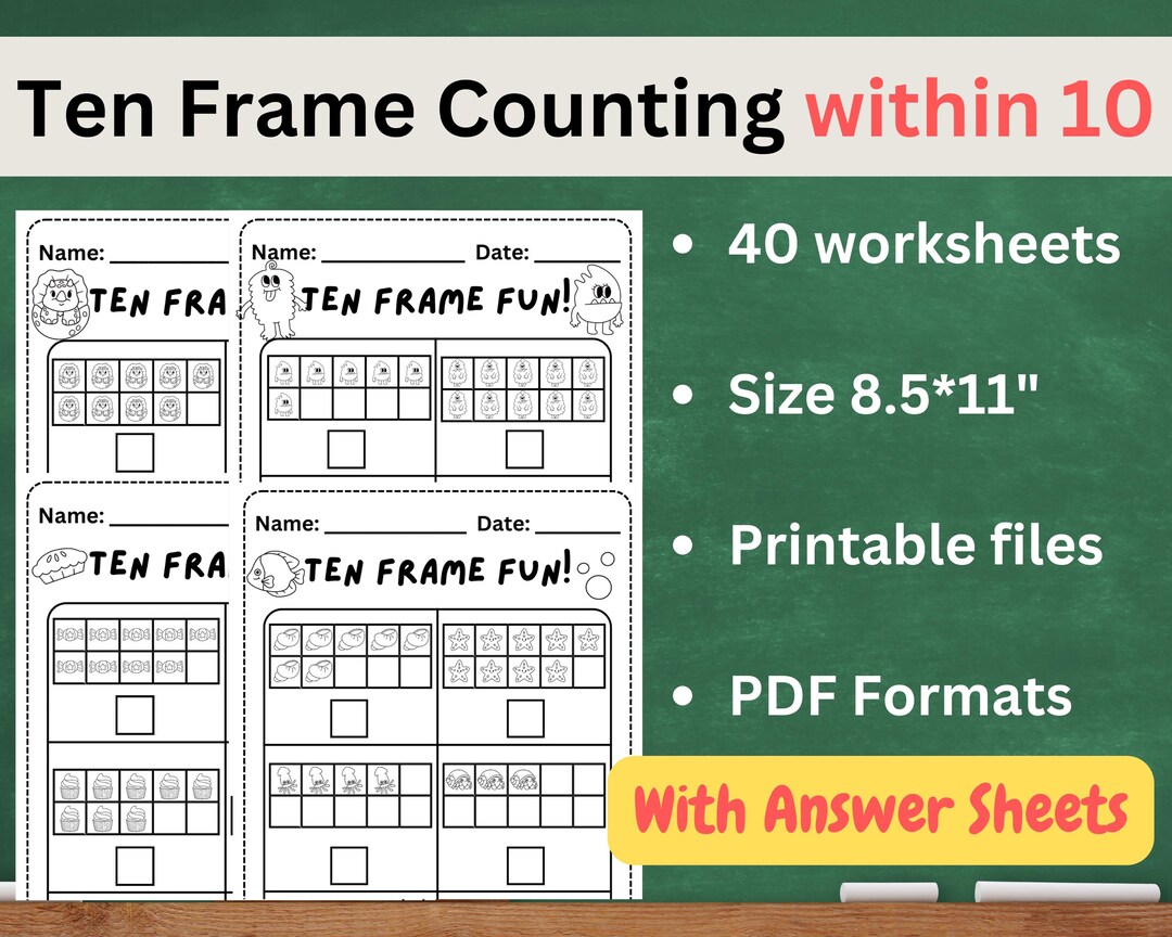 Ten Frame Counting Worksheets | 4 Fun Themes (dinosaur, Monster, Marine ...