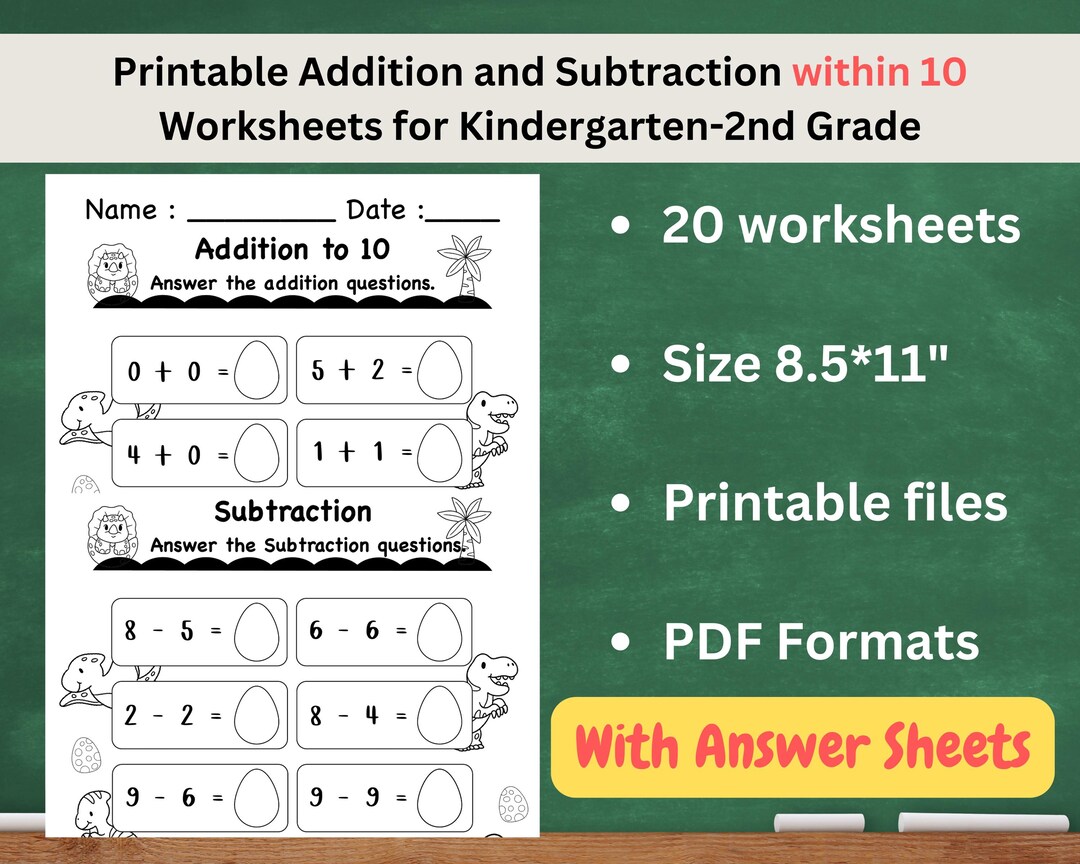 Dinosaur-themed Addition & Subtraction Within 10 Worksheets ...