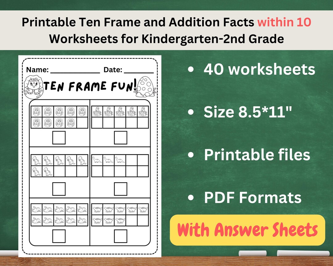 Dinosaur-themed Ten Frame Counting, Addition & Missing Addends ...