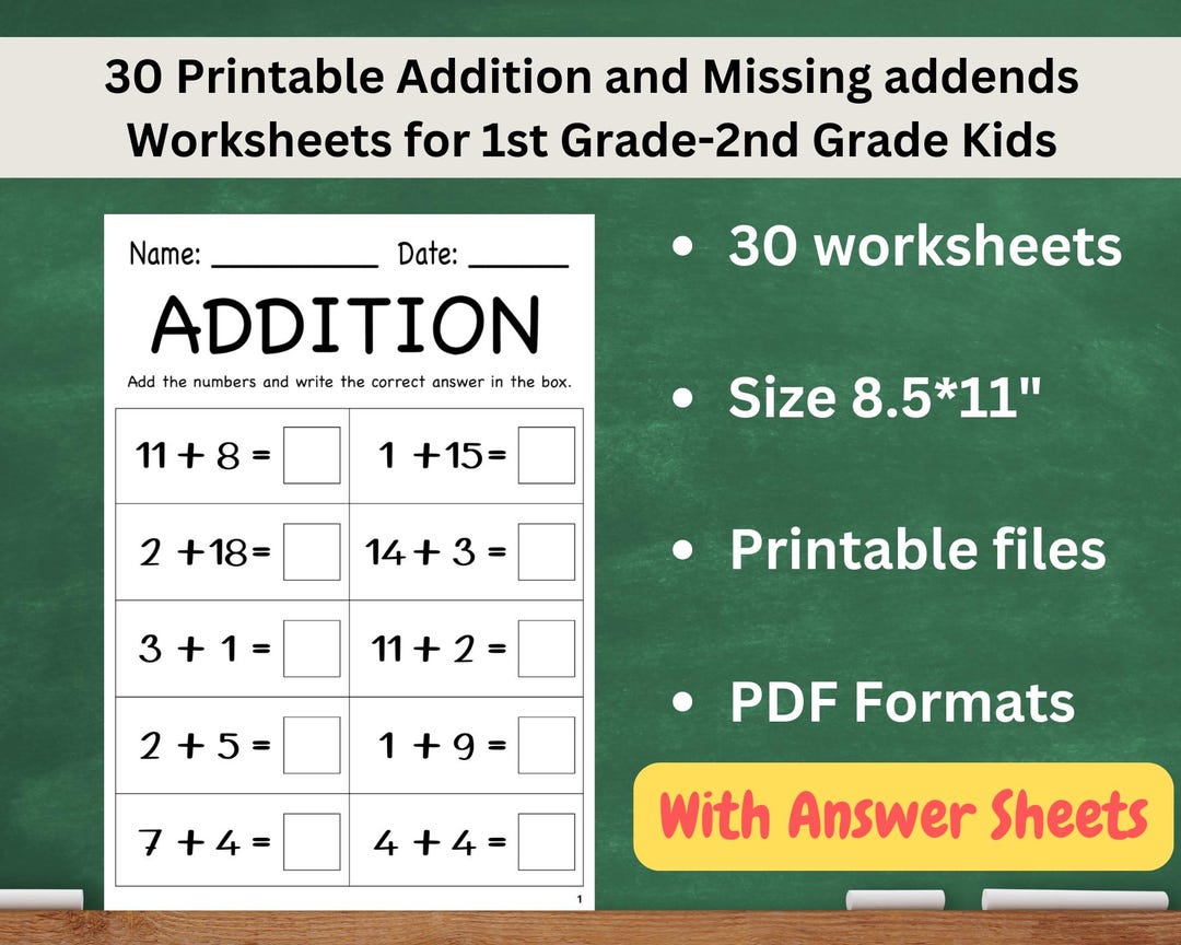 30 Printable Math Worksheets for 1st-2nd Grade – Addition up to 20 and ...
