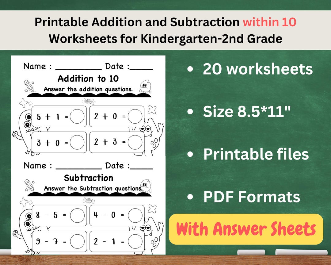 Monster-themed Addition & Subtraction Within 10 Worksheets ...