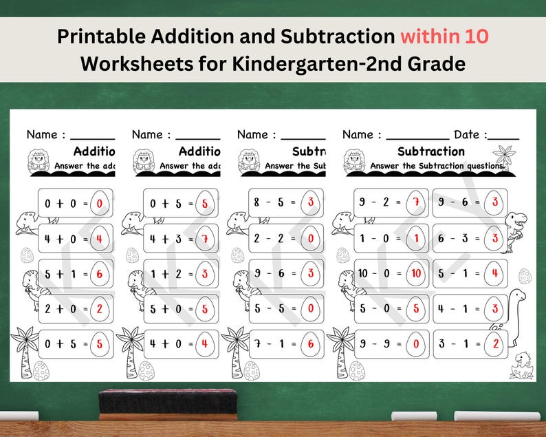 Dinosaur-themed Addition & Subtraction Within 10 Worksheets ...