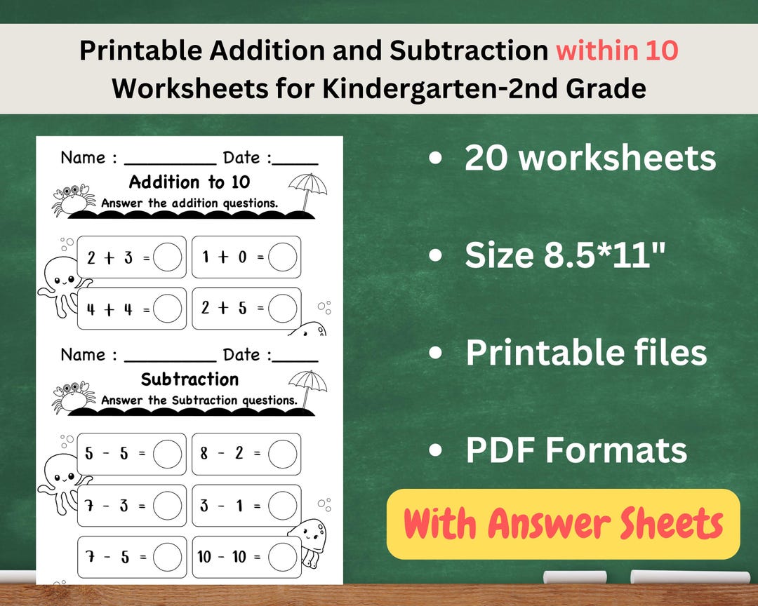 Sea-themed Addition & Subtraction Within 10 Worksheets | Kindergarten ...