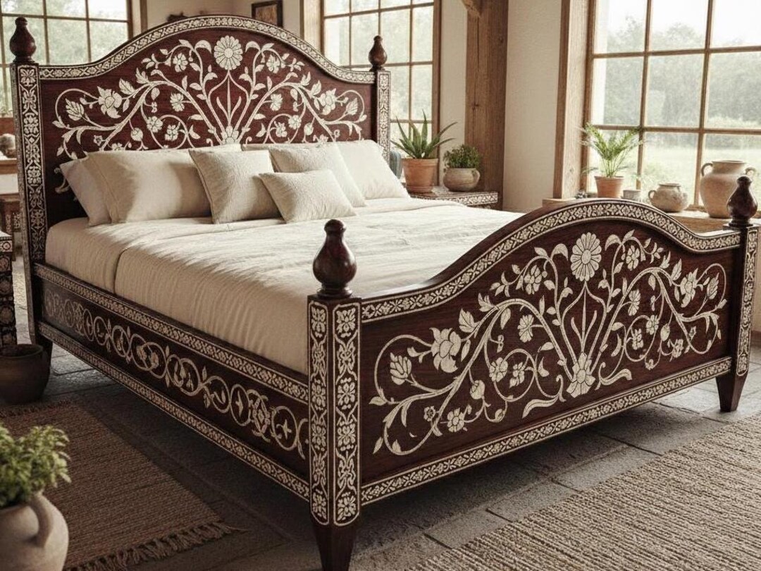 Handmade Bone Inlay Bed Frame – Floral Indian Artisan Bedroom Furniture ...
