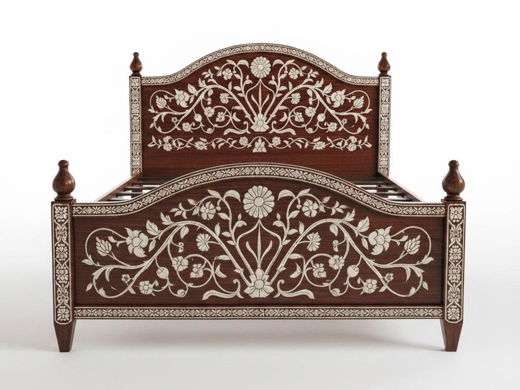 Handmade Bone Inlay Bed Frame – Floral Indian Artisan Bedroom Furniture ...