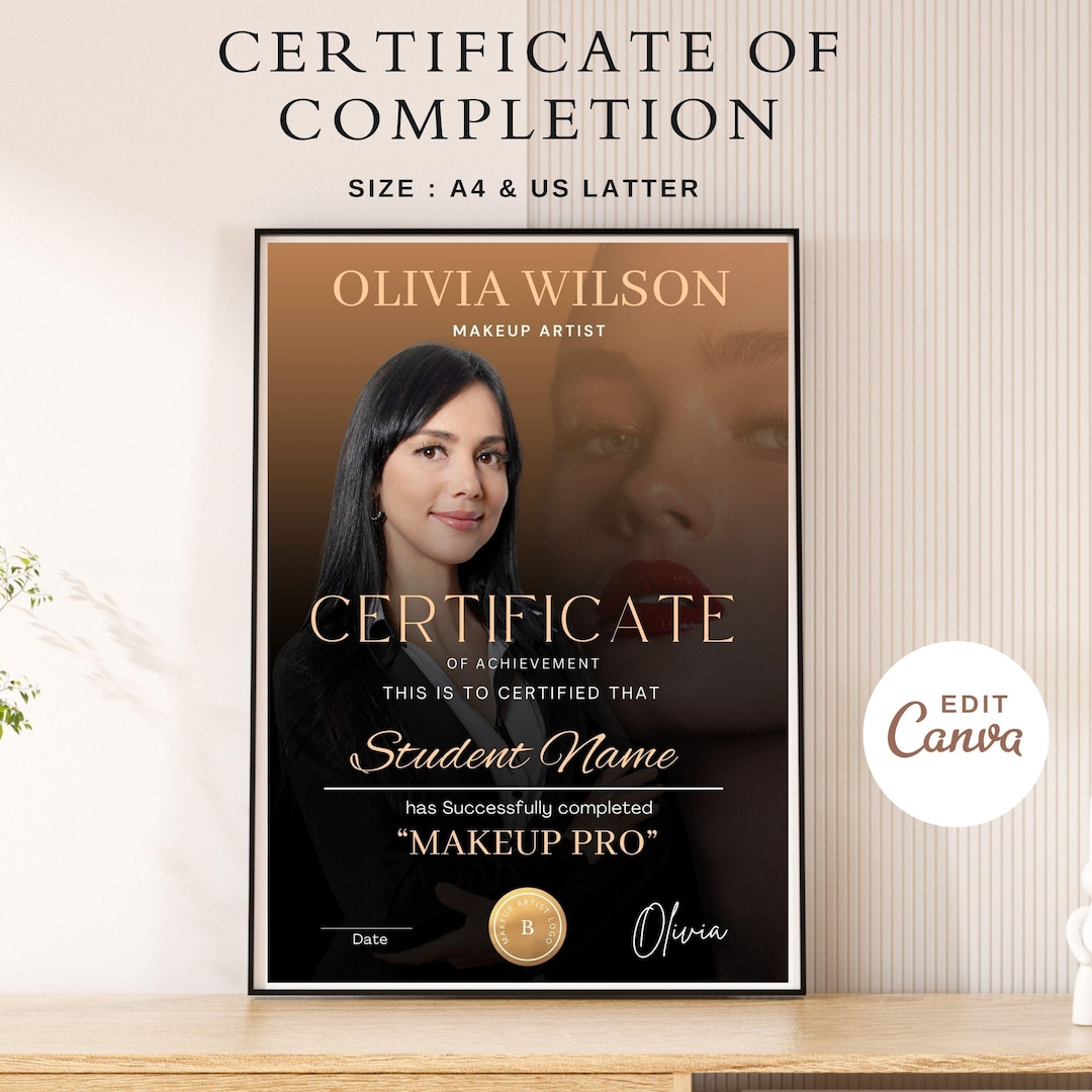 Printable Makeup Artist Certificate, Canva Template 2024, Editable ...