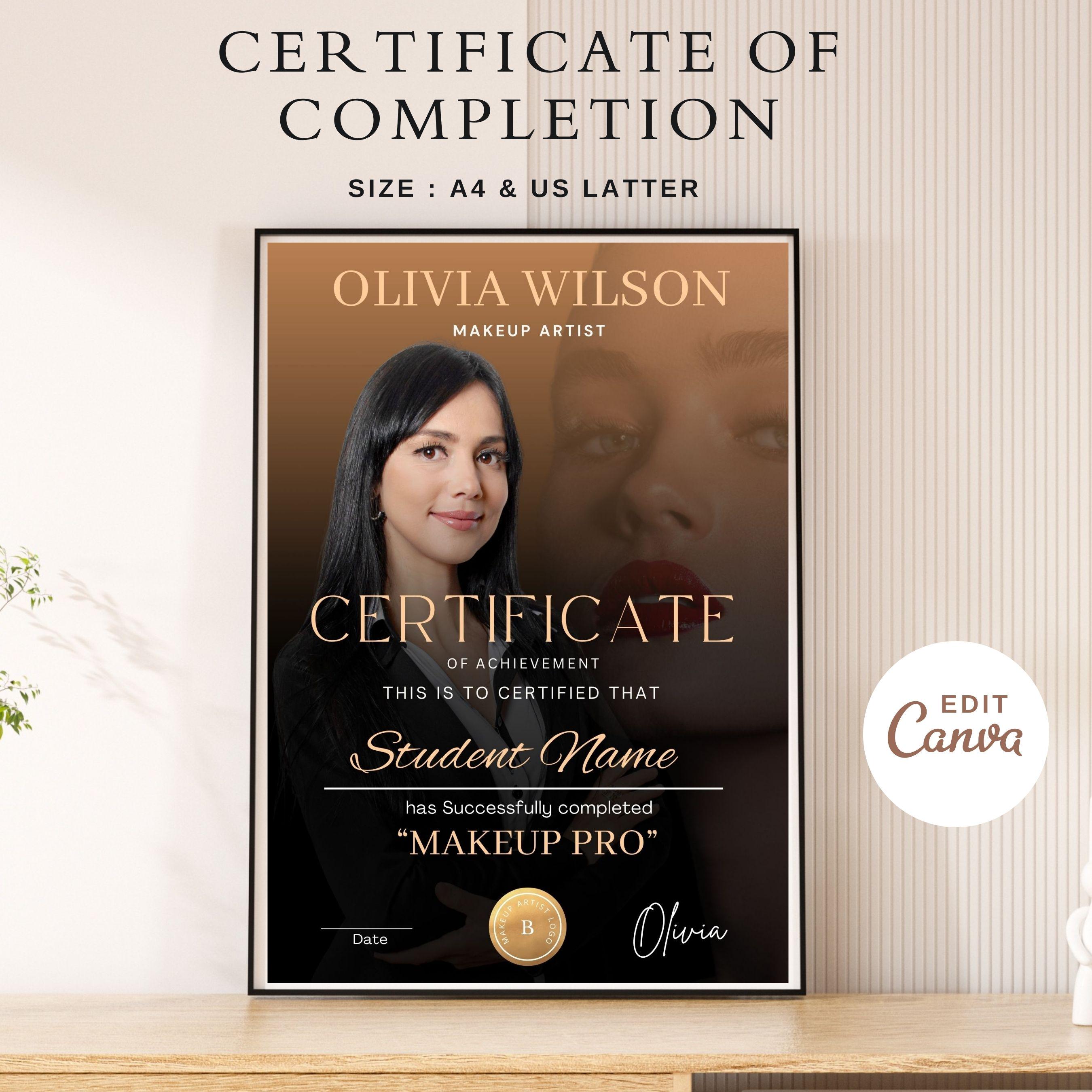Printable Makeup Artist Certificate, Canva Template 2024, Editable ...