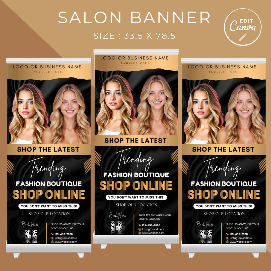 Salon Roll-up Banner | Black Gold DIY Canva Template | Retractable ...