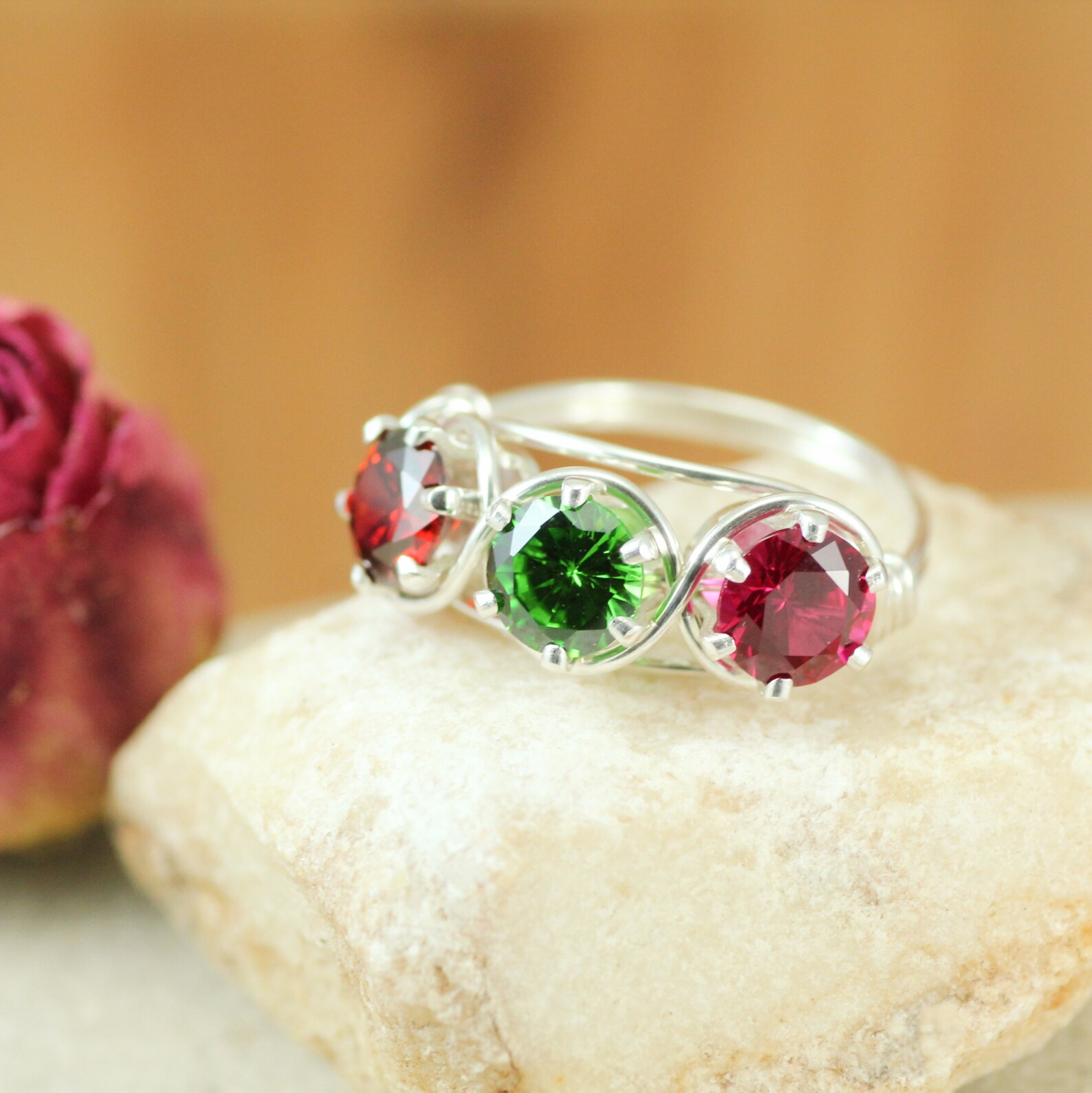 Handmade Sterling Silver Mother's Ring With 3 Birthstones - Etsy