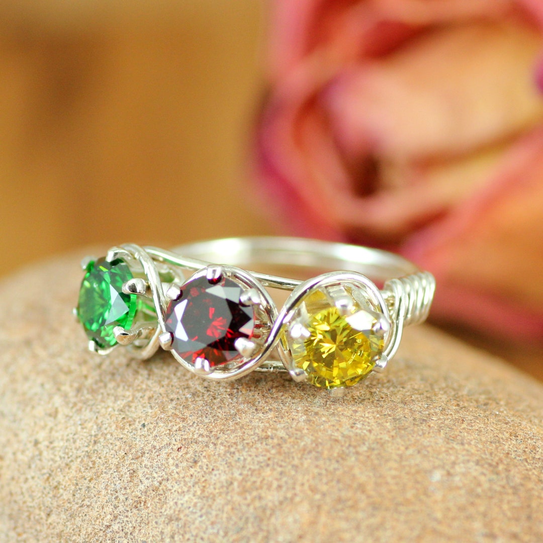 Handmade Sterling Silver Mother's Ring With 3 Birthstones - Etsy