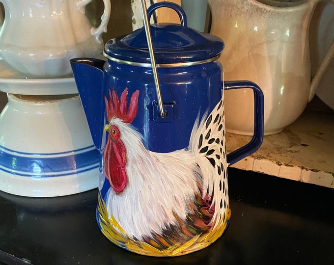 Vintage Enamelware Coffee Boiler With Rooster, Hen on a Nest, Rooster ...