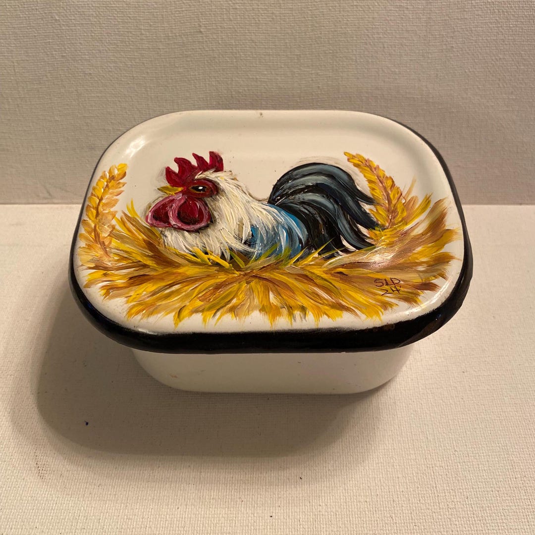 Vintage Enamelware Refrigerator Dish With Hand Painted Rooster, Rooster ...