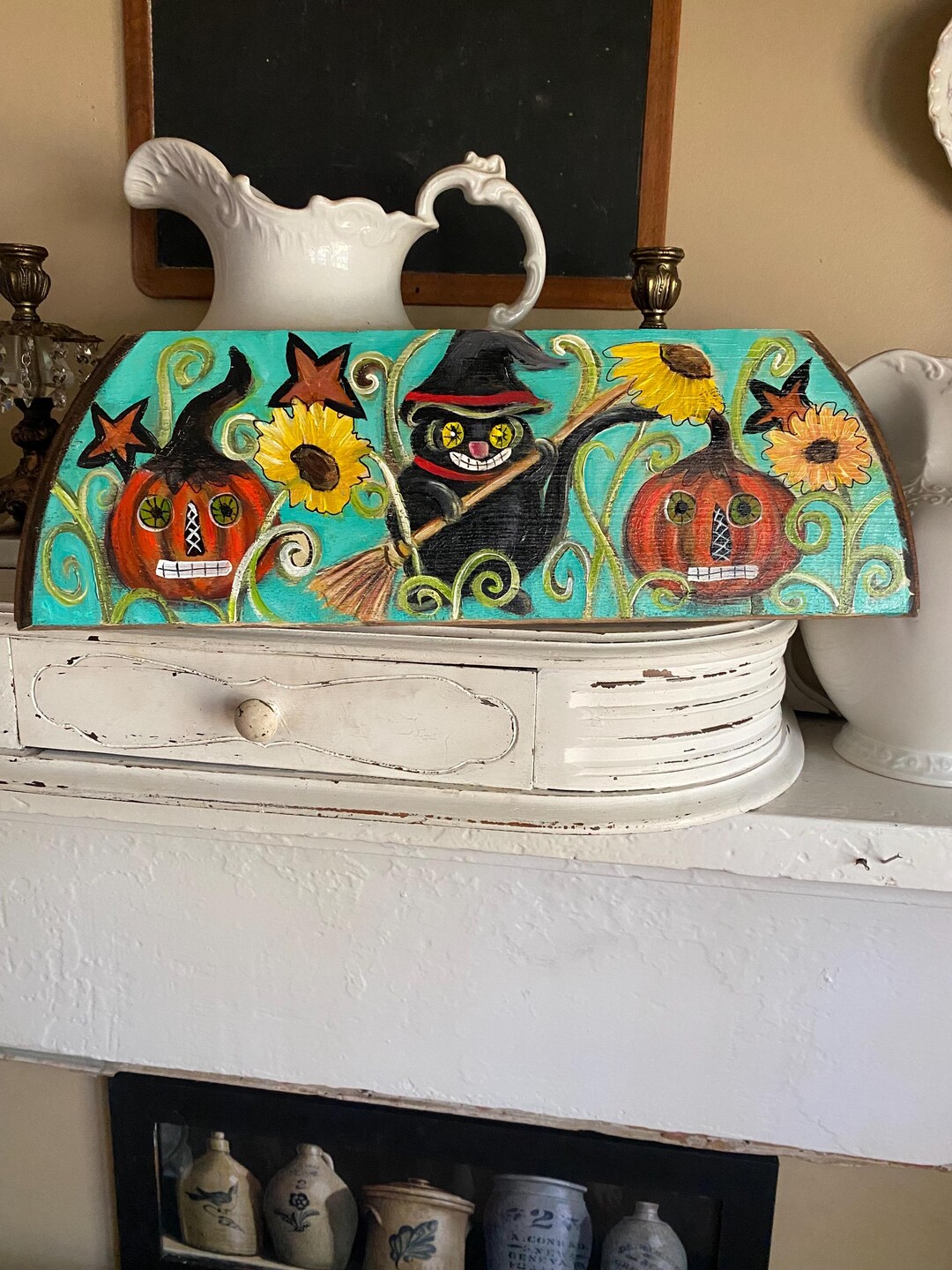 Reclaimed Oak Halloween Painting: Black Cat & Pumpkin, Rustic Fall ...