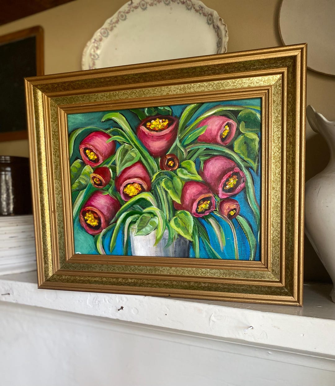 Folk Art Roses Painting, Whimsical Wall Decor, Flower Painting, Framed ...