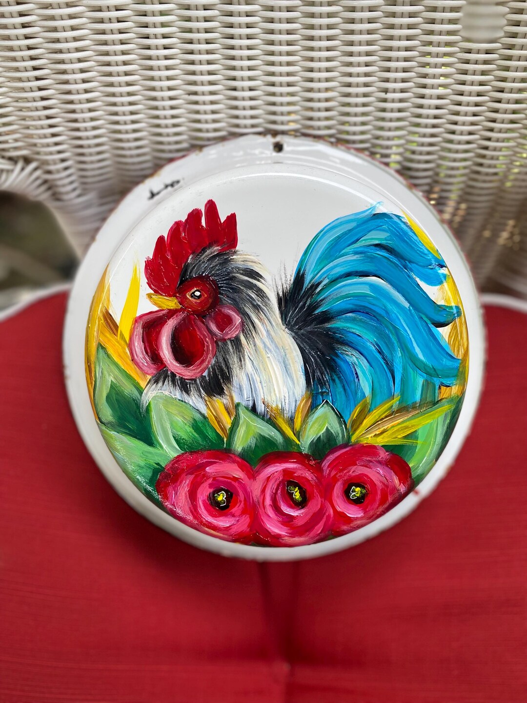 Hand Painted Rooster & Roses Enamelware Pan: Whimsical Folk Art - Etsy