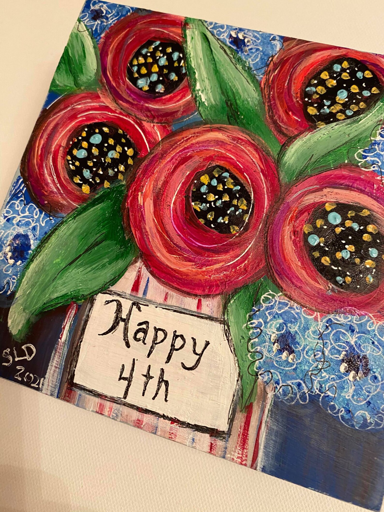 Patriotic Whimsical Roses Painting on Wood Canvas Red White - Etsy