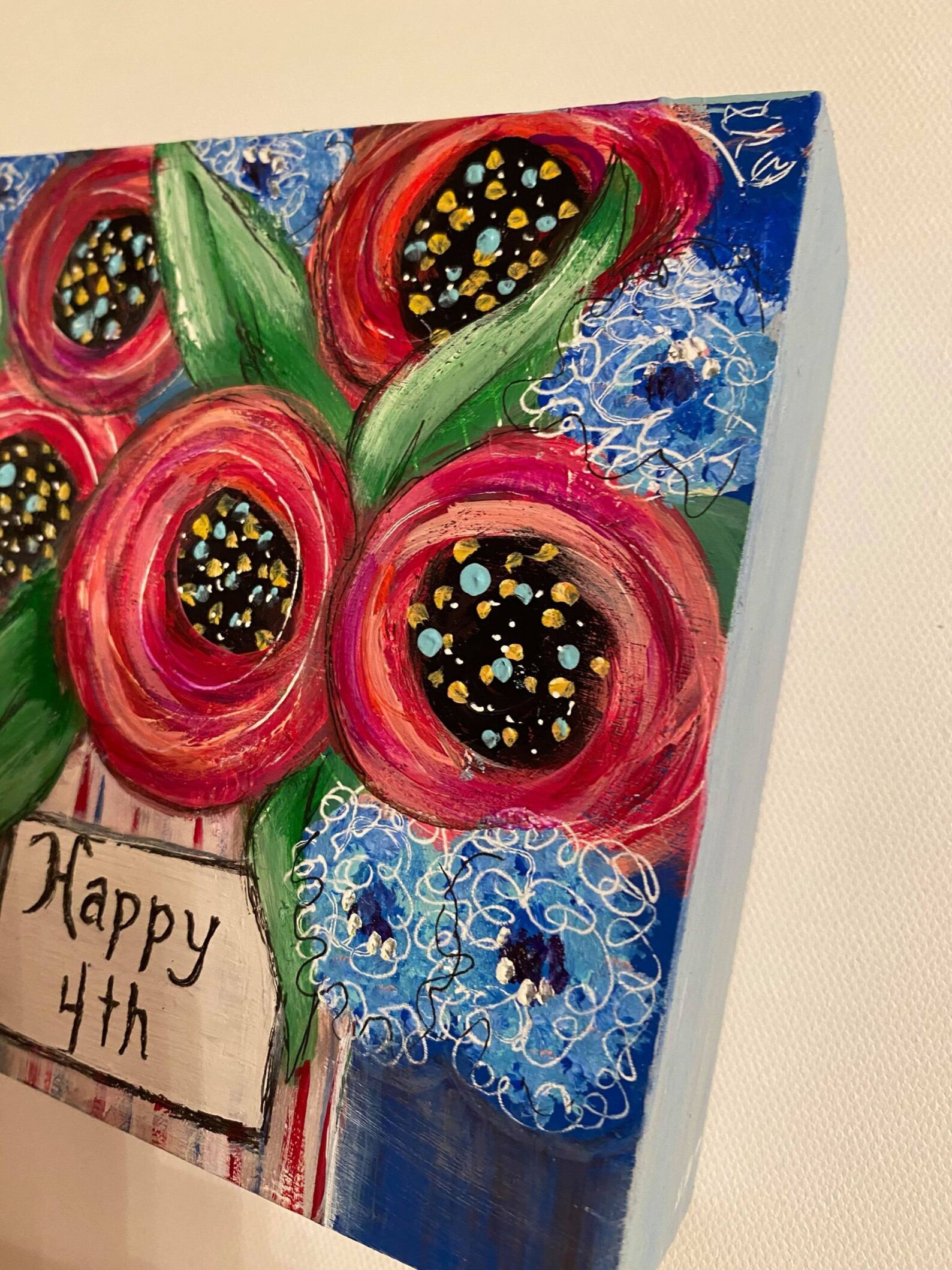 Patriotic Whimsical Roses Painting on Wood Canvas Red White - Etsy