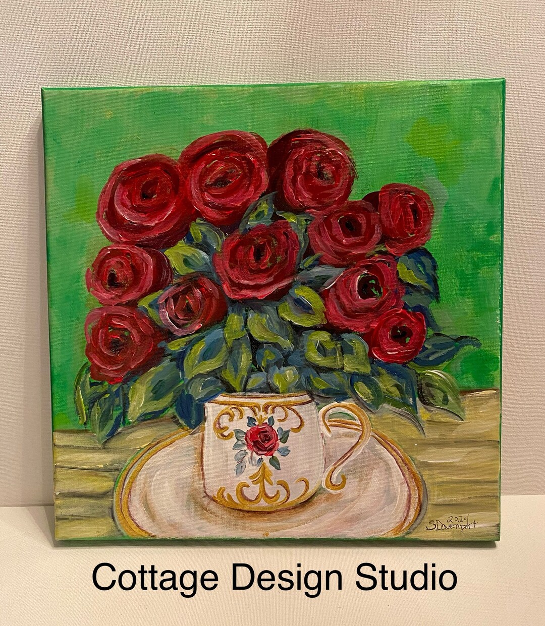 Red Roses Painting on Canvas, Red Roses Decor, Hp Roses, China Cup Art ...