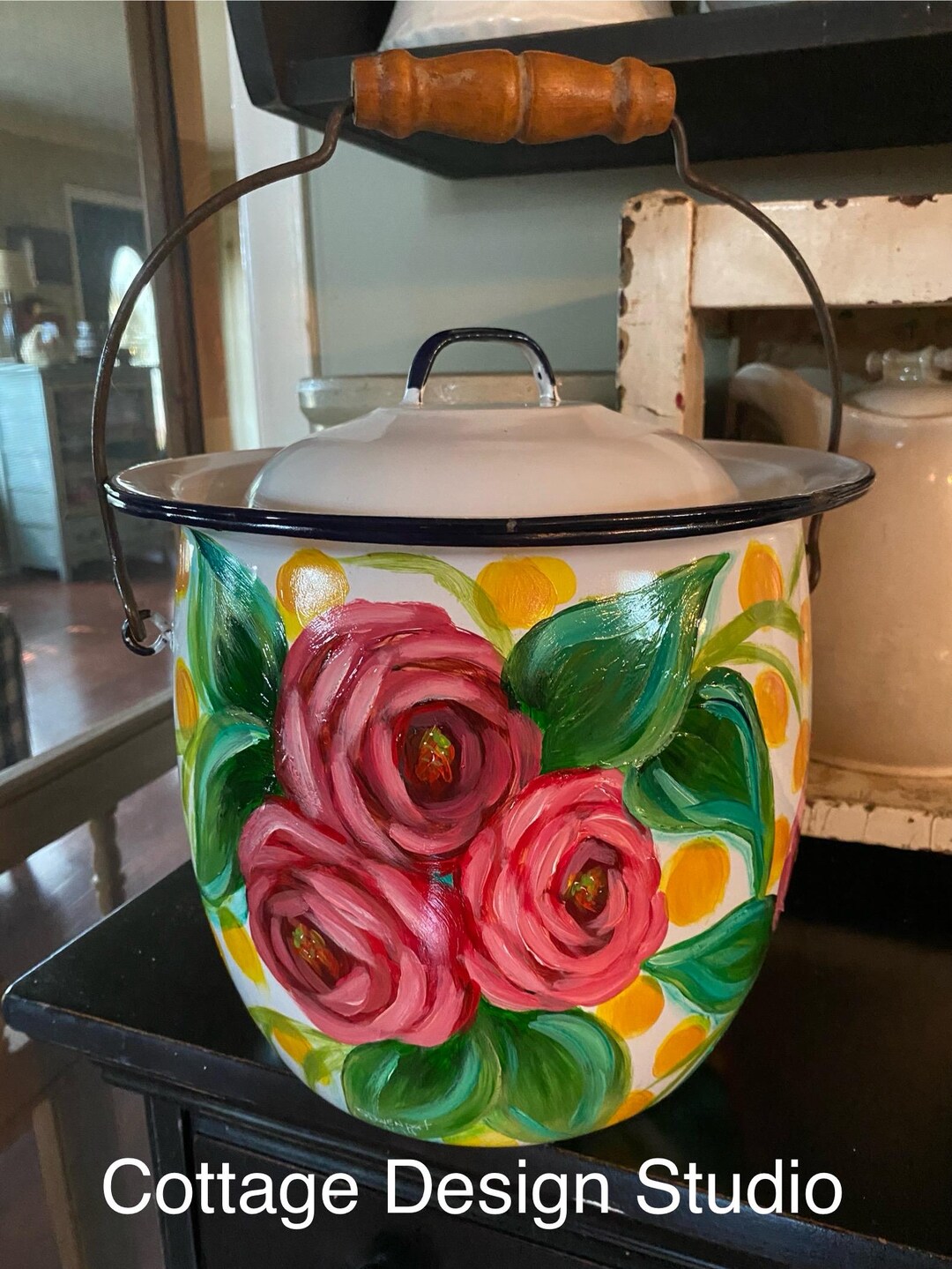 Vintage Enamelware Pail With Hand Painted Roses and Polka Dots. Pink ...