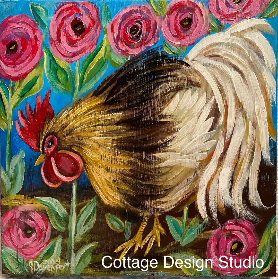 Rooster and Roses Painting on Wood, Original Painting, Chicken Art ...