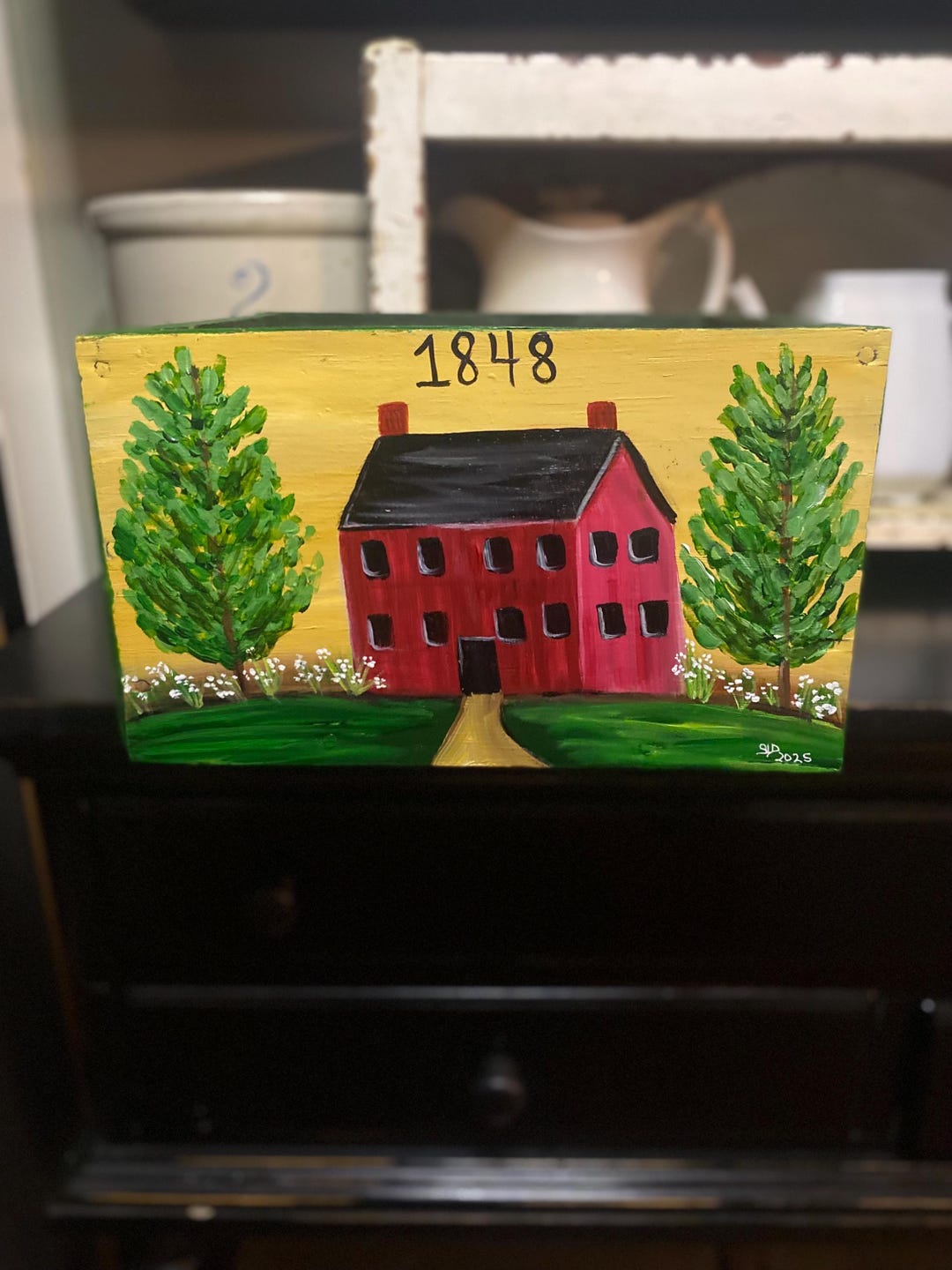 Vintage Wood Box With Hand Painted Saltbox House, Folk Art Decor, Prim ...