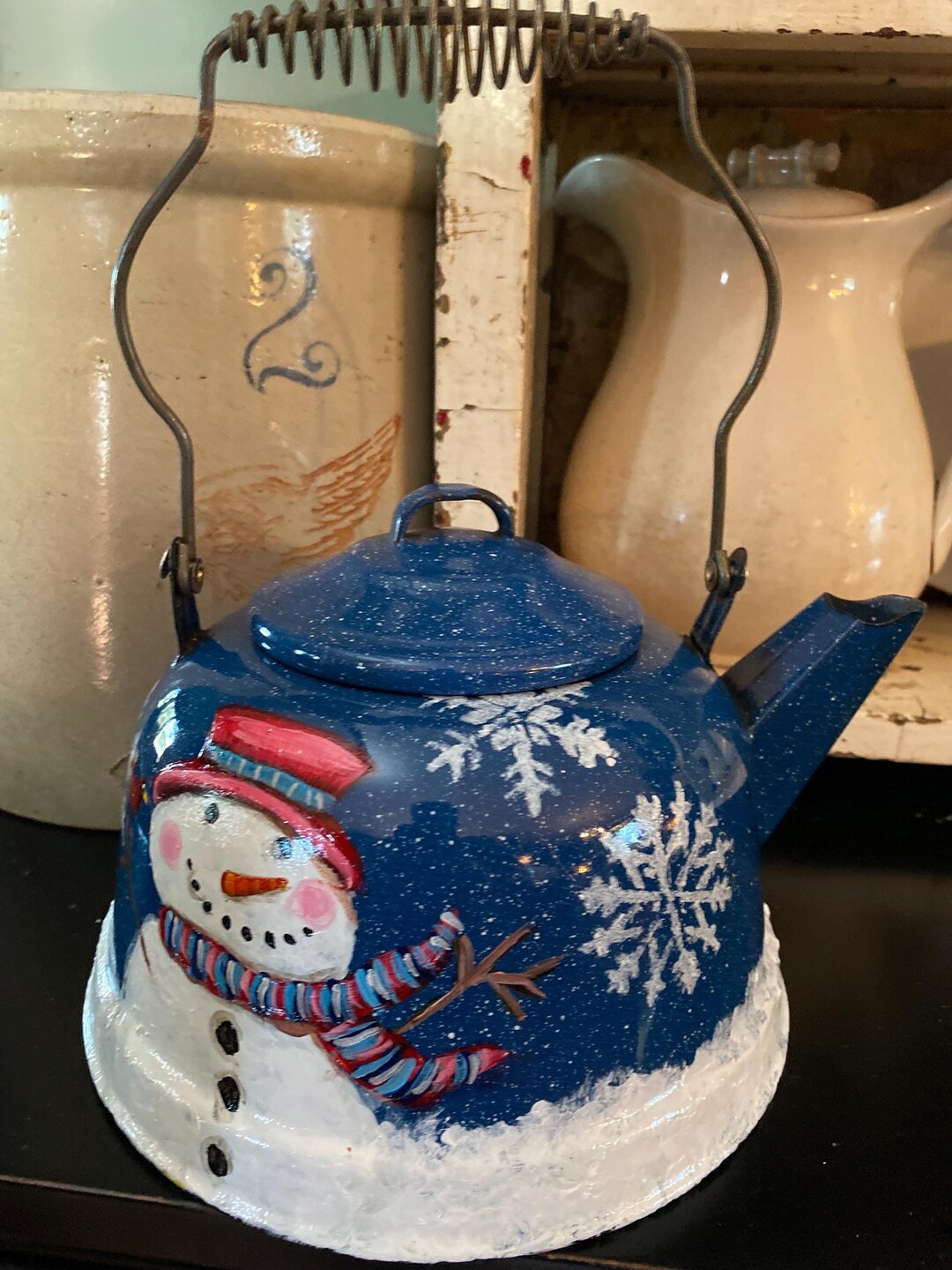 Snowman Hand Painted Enamelware Kettle,vintage Enamelware, Christmas ...