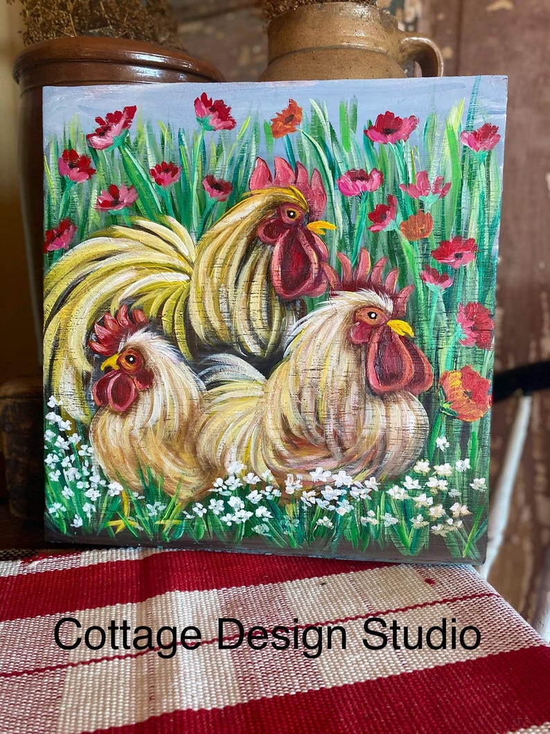 Rooster Painting: Farmhouse Decor, Original Art on Birch Wood - Etsy