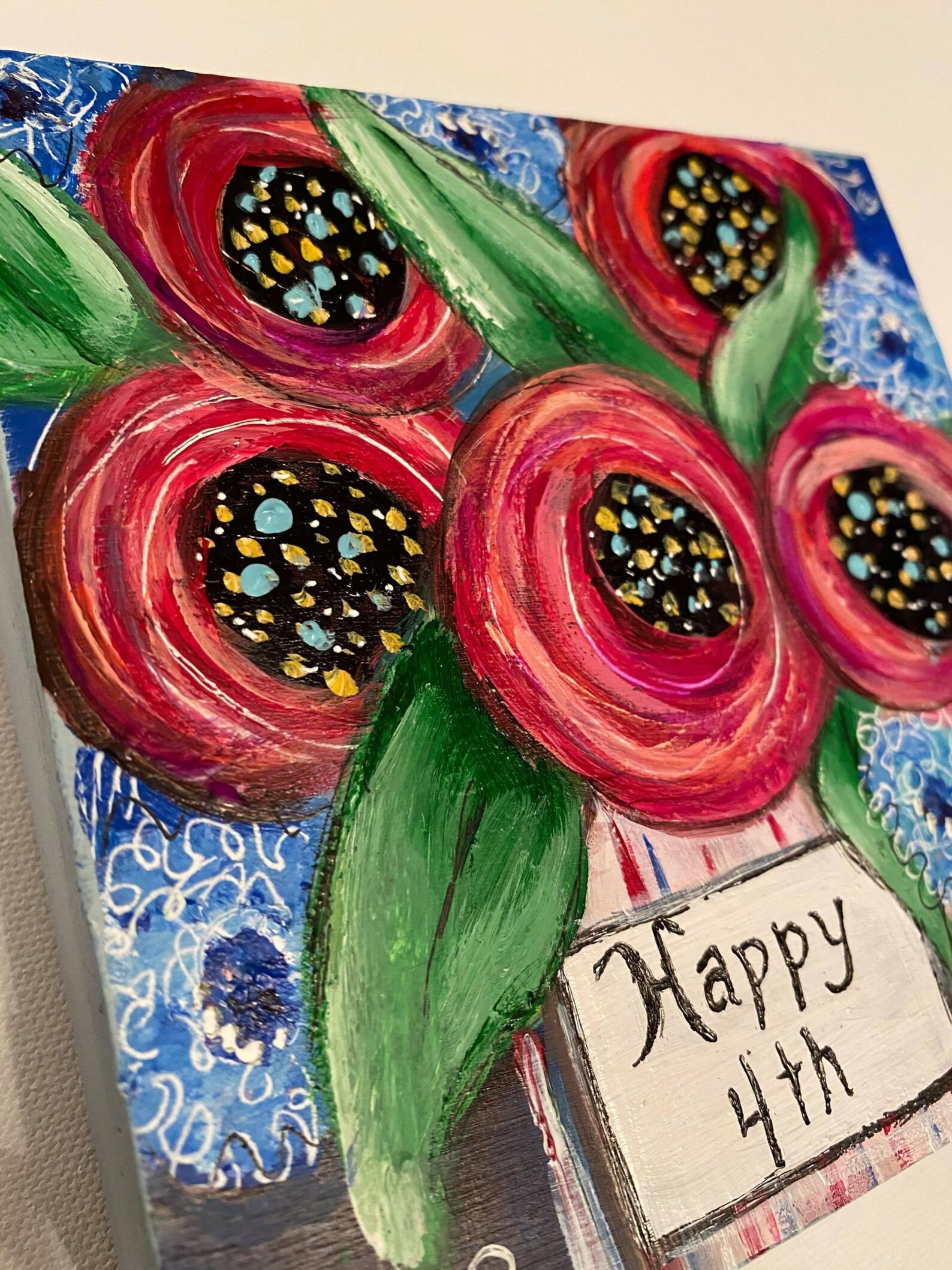 Patriotic Whimsical Roses Painting on Wood Canvas Red White | Etsy