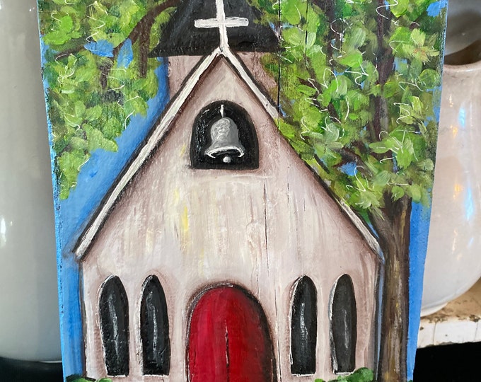 Church Painting, Barn Wood Painting, Primitive Church Wall Decor, Folk ...