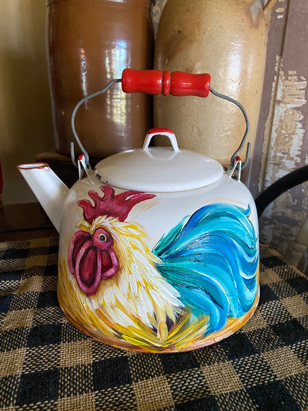 Vintage Enamelware Kettle With Rooster, Rooster Decor, Rooster Kitchen ...