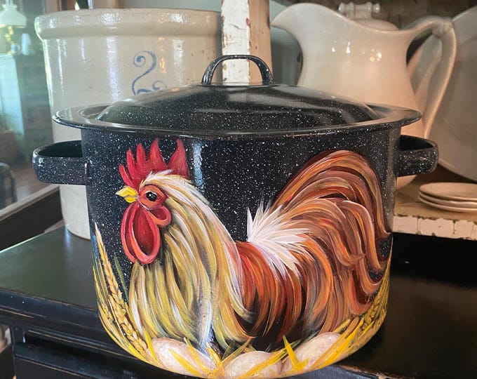 Vintage Enamelware With Hand Painted Rooster, Rooster Decor, Rooster ...