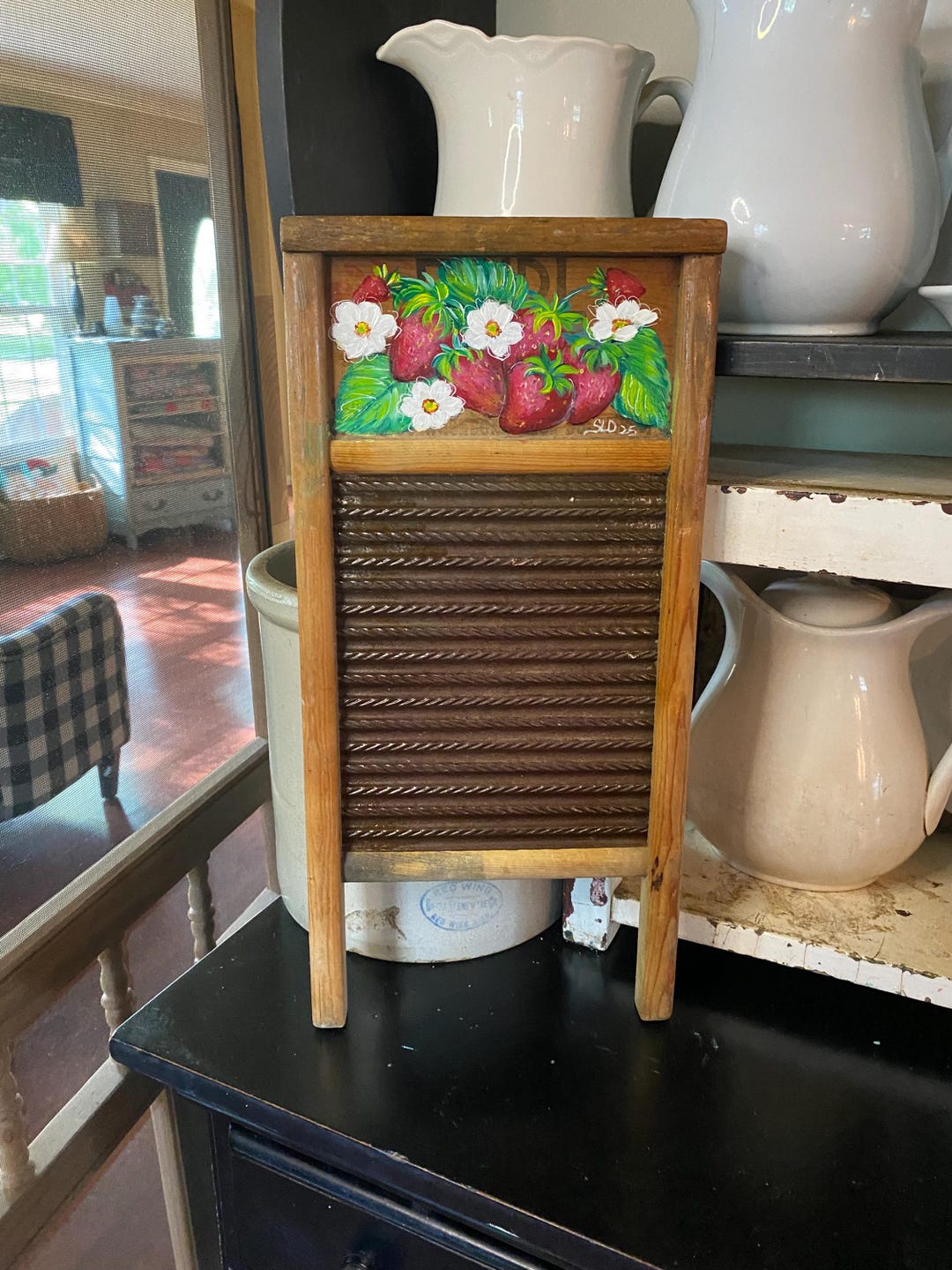 Vintage Strawberry Washboard: Hand-painted Country Laundry Room Decor ...