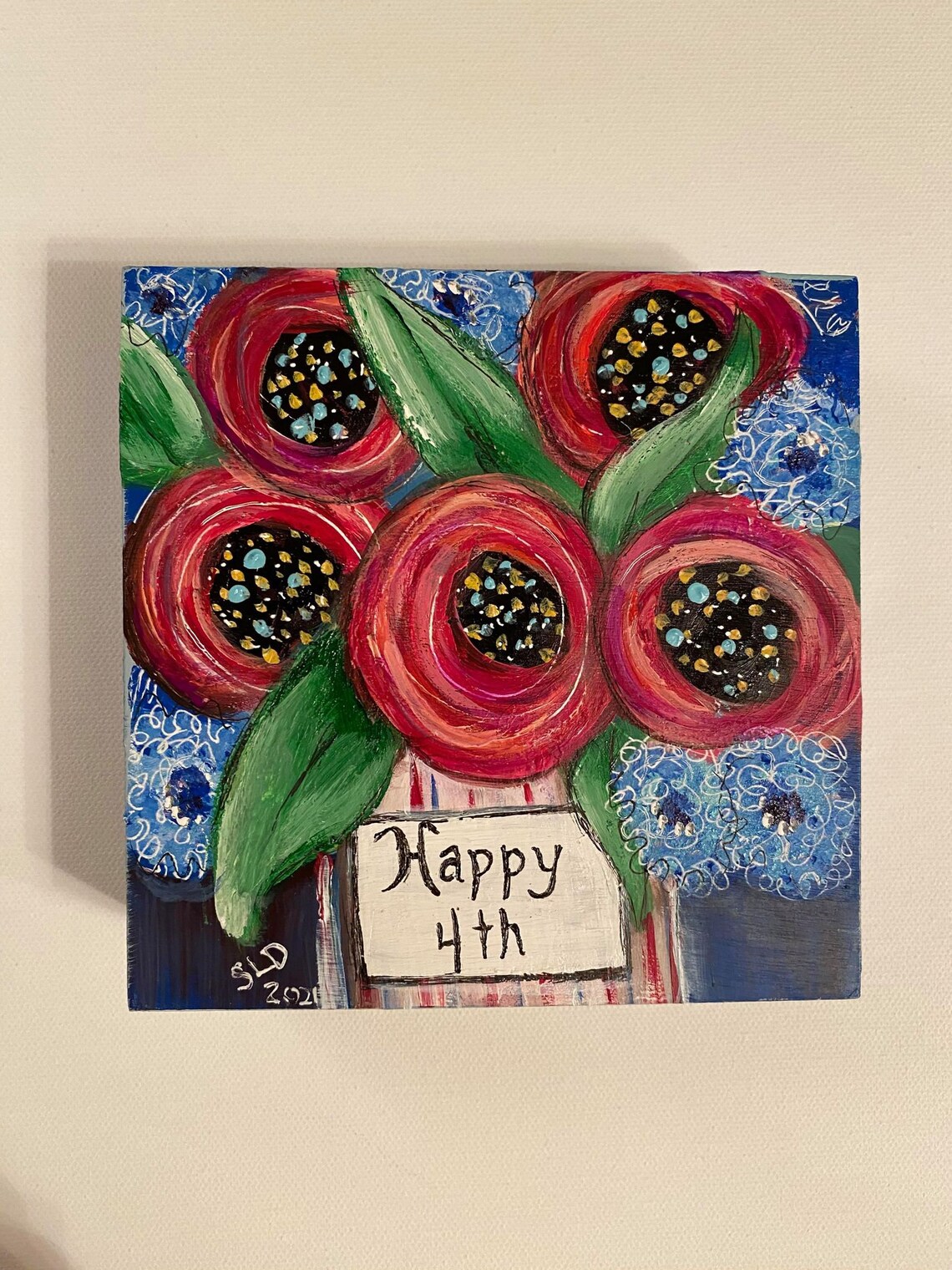 Patriotic whimsical roses painting on wood canvas red white | Etsy