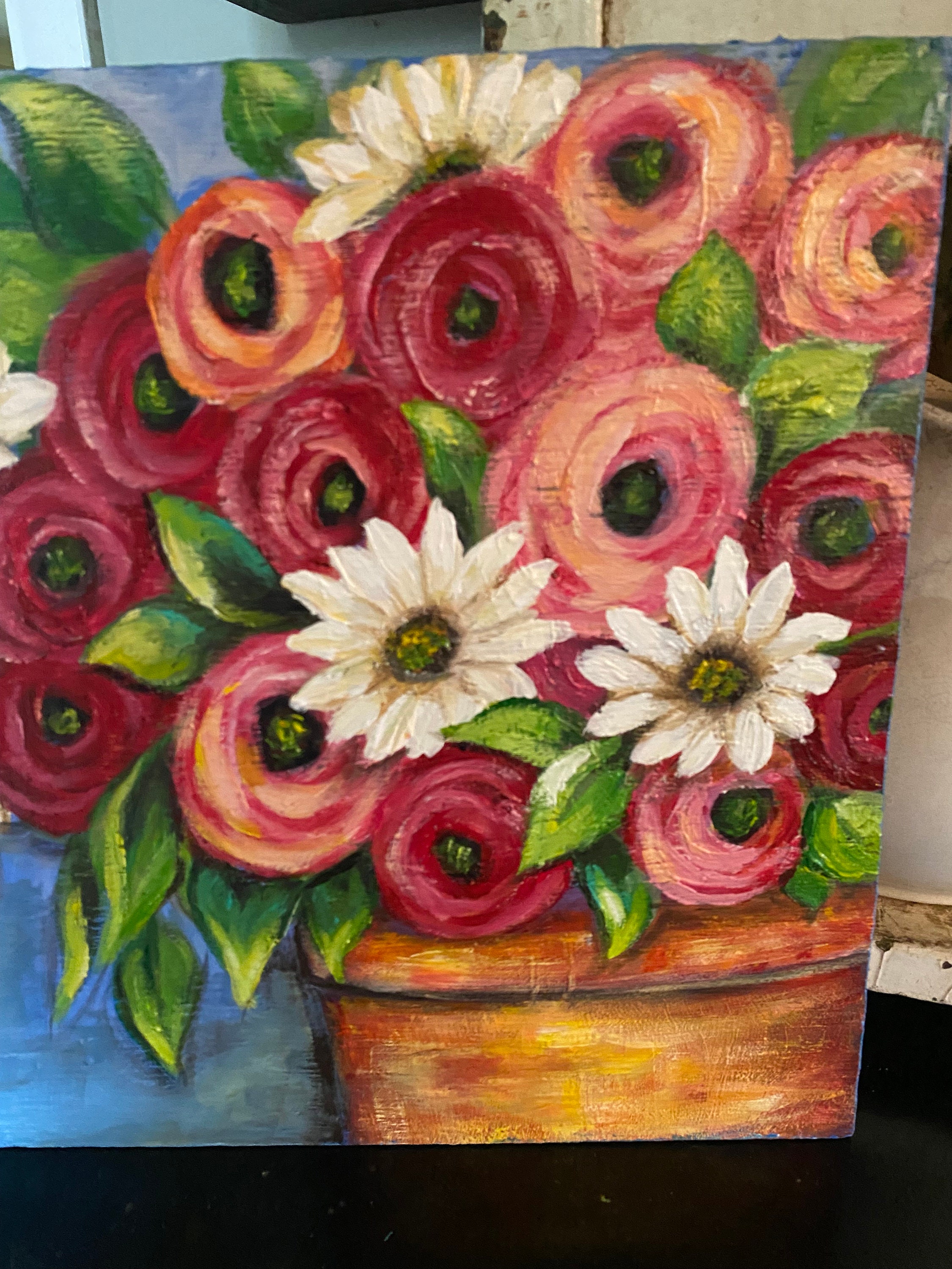 Hand Painted Flower Art on Birch Wood: Roses & Daisies - Etsy
