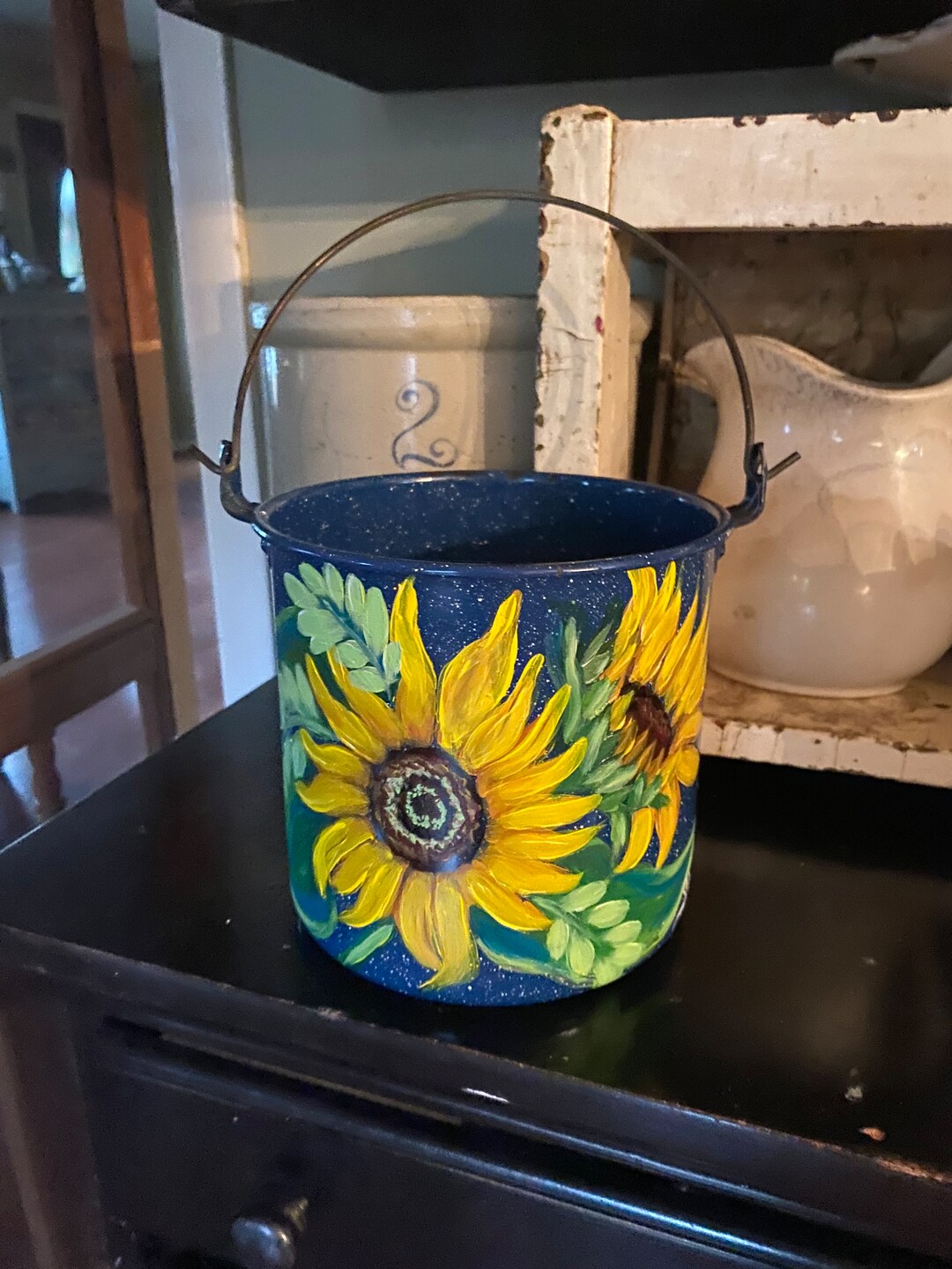 Vintage Enamelware Pot With Hand Painted Sunflower, Sunflower Decor ...