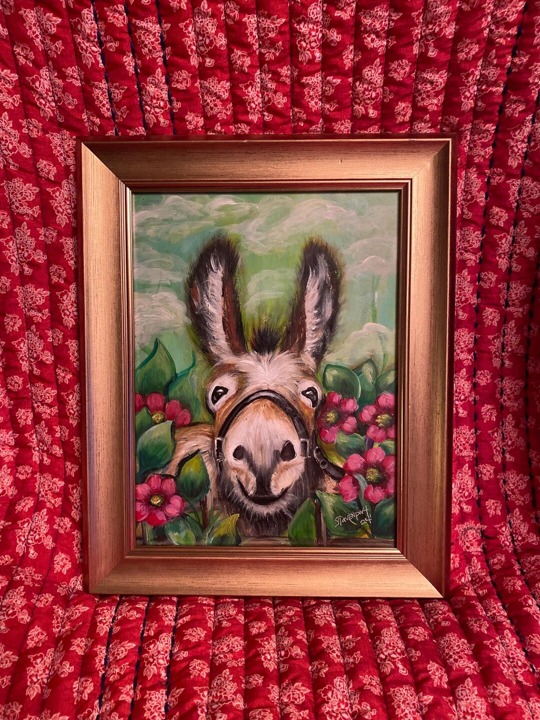 Donkey Painting Framed, Donkey Decor, Donkey Art, Farm Decor, Flower ...