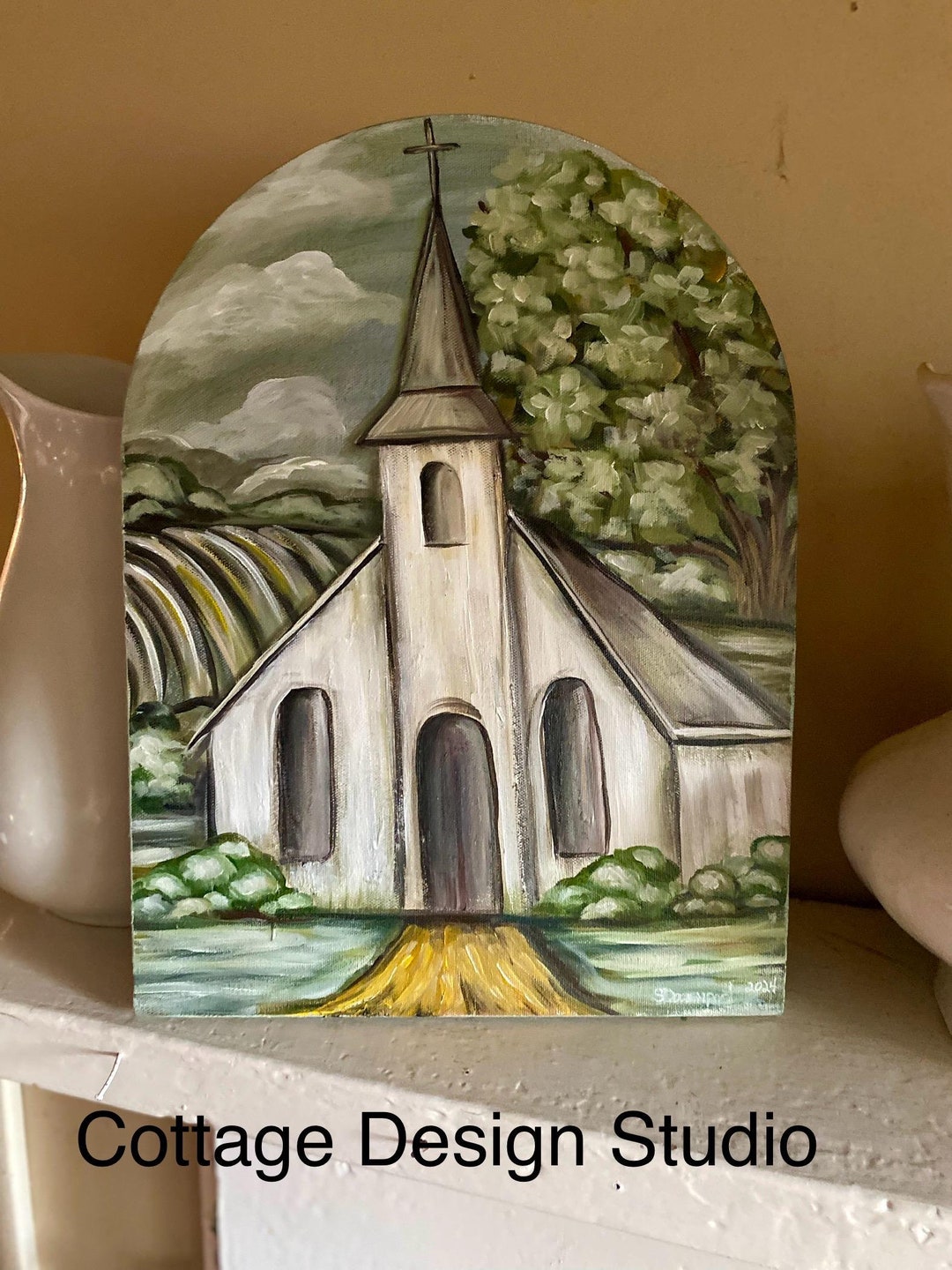 Arched Canvas Church Painting: Country Landscape Art (12x16 Inches) - Etsy