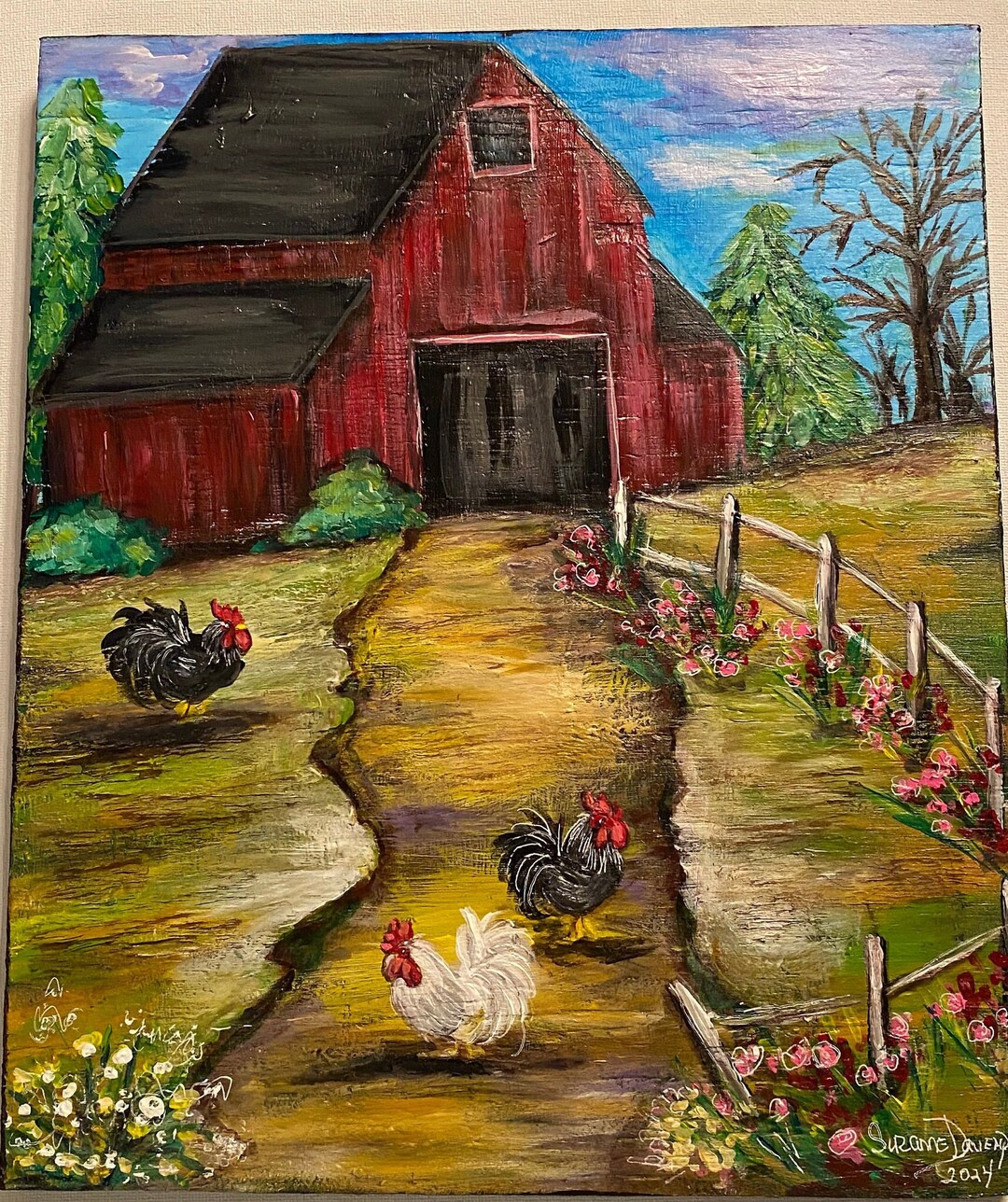 Rooster Painting, Red Barn Painting, Farm Painting, Rooster Decor, Hen ...