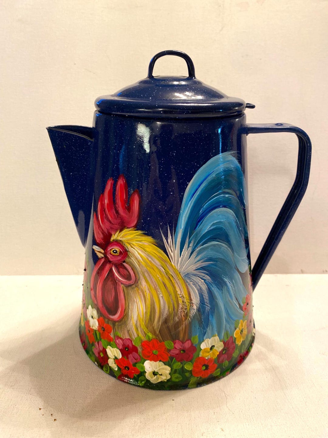 Vintage Enamelware Coffee Boiler With Hand Painted Rooster, Rooster ...