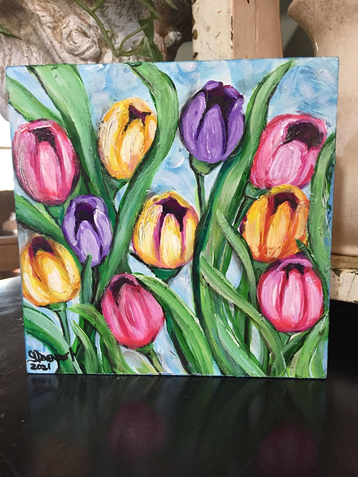 Tulip painting whimsical tulip painting tulip decor garden | Etsy