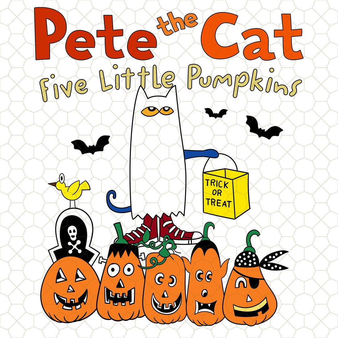 Pete the Cat Five Little Pumpkin Png, Groovy Cat Halloween Png, Spooky ...