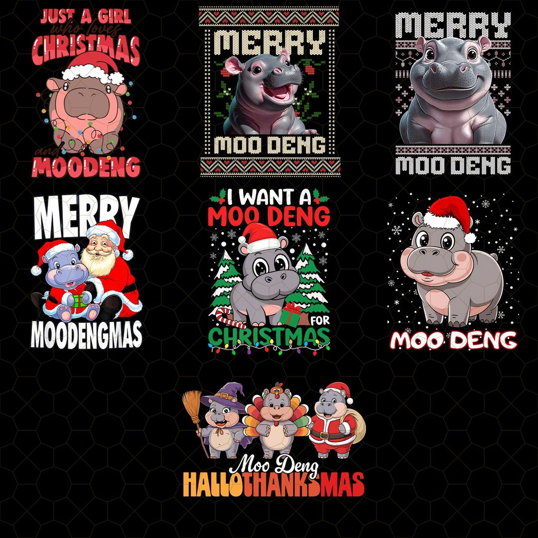 Moo Deng Christmas Png Bundle, Cute Moo Deng Hippo Ugly Christmas Png ...