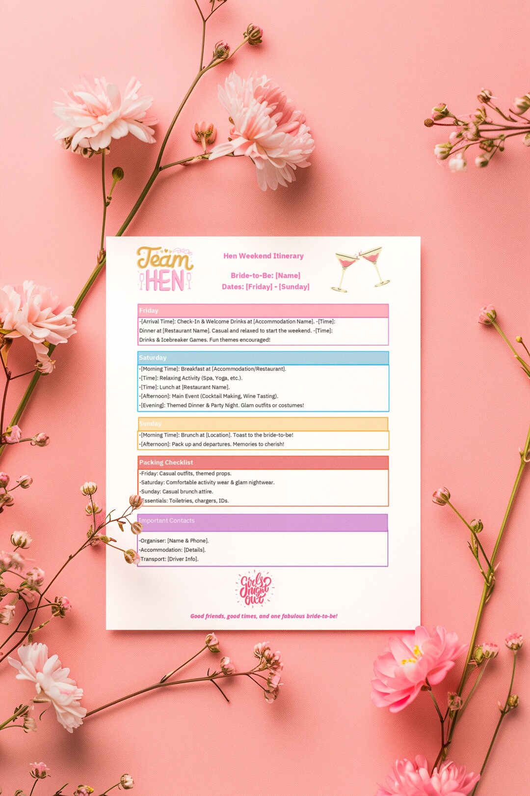 Editable Hen Weekend Itinerary Template Customisable Hen Party Planner ...