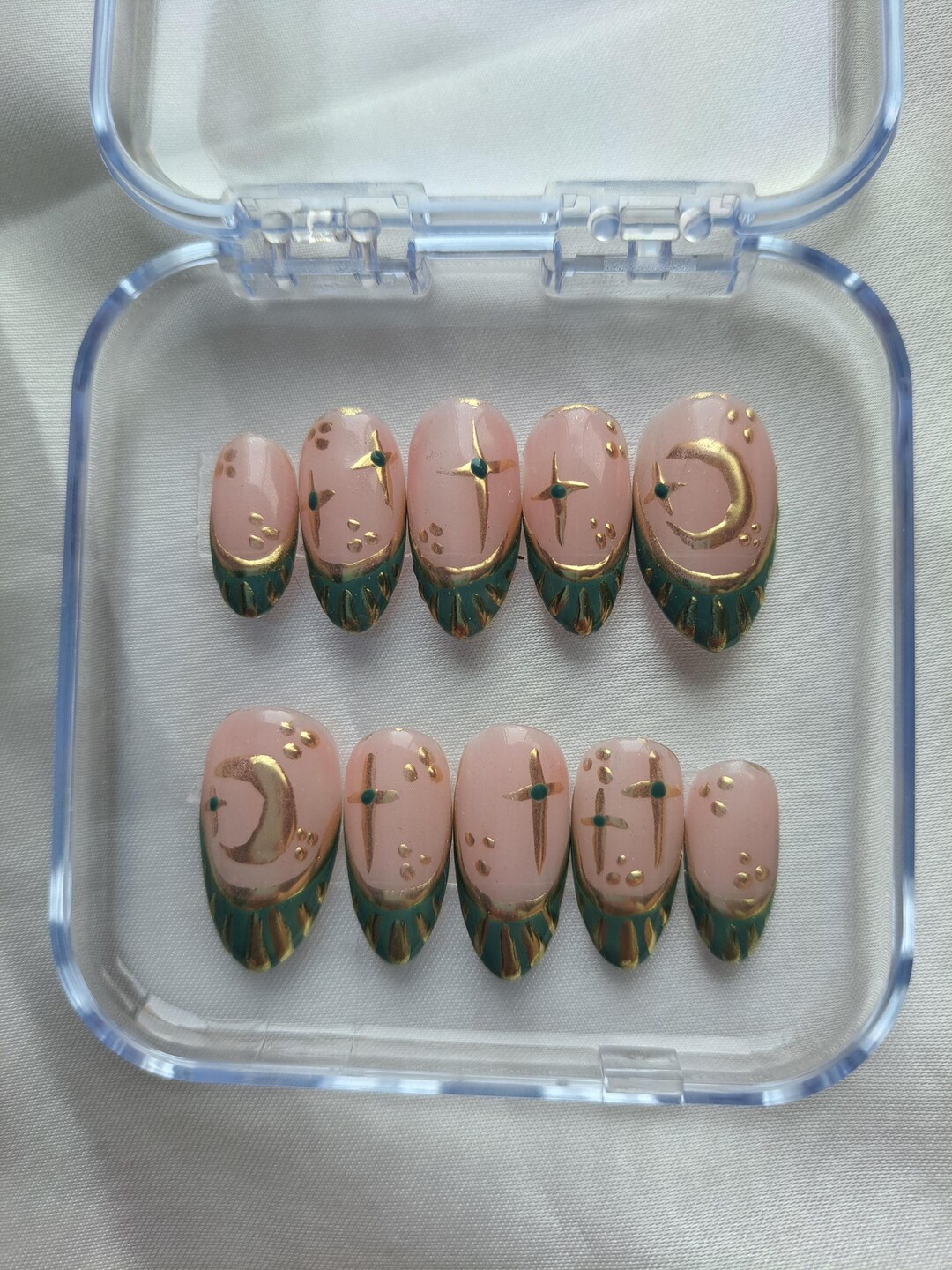 Celestial Green and Gold Chrome Almond Press on Nails - Etsy